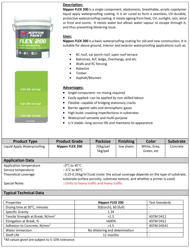 Nippon Flex 200 Elastomeric Breathable Acrylic Polymer Waterproofing Membrane 5kg